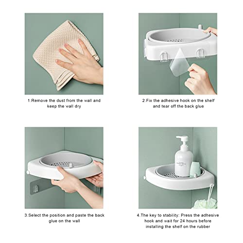 Feilifan Corner Shower Caddy, Plastic 360 Rotating Shower Organizer with Hooks, Bathroom Adhesive Shelf for Shower, Waterproof Shower Shelves for Washroom Toilet Kitchen, Max Hold 15 lbs, White