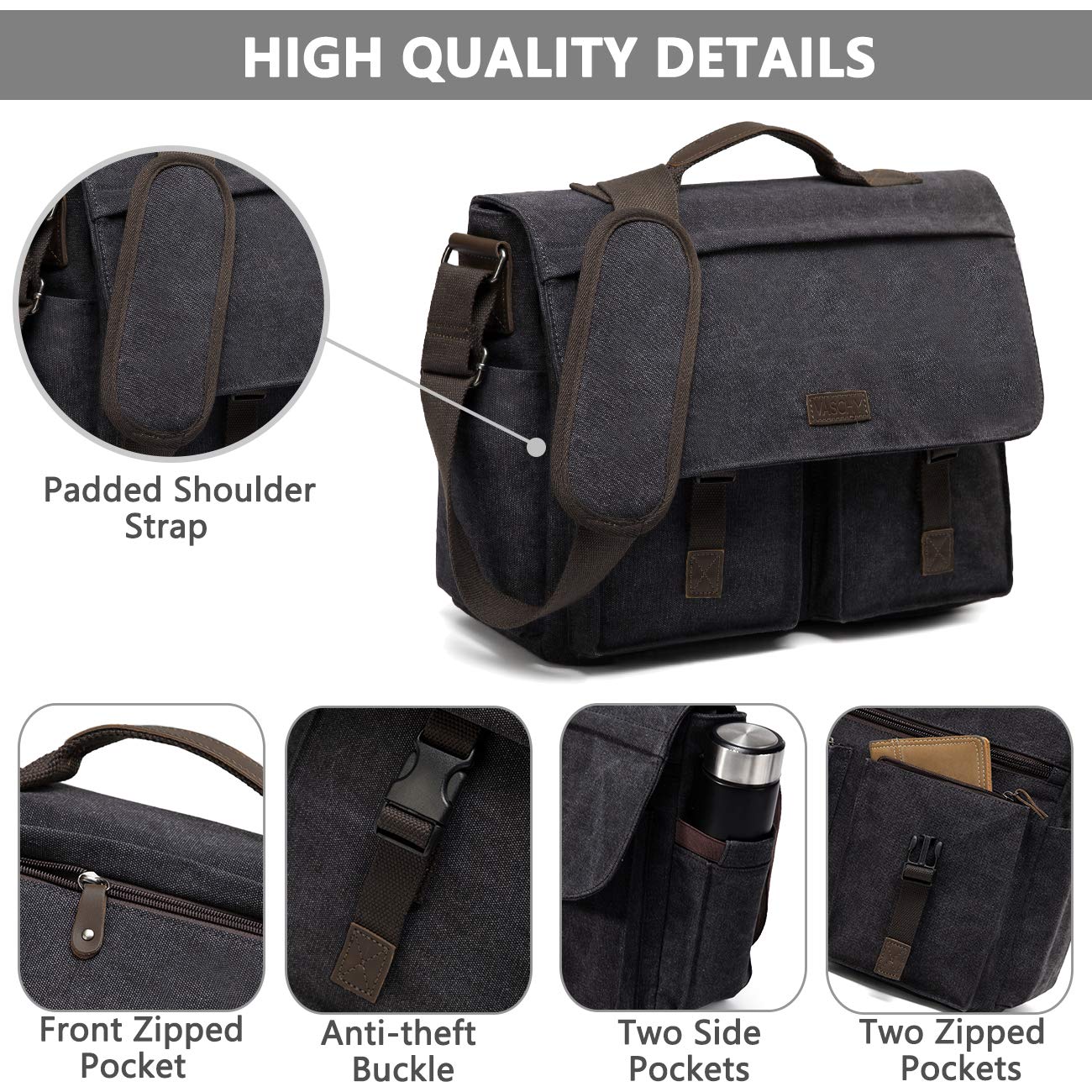 VASCHY 17inch Laptop Messenger Bag, Men's Vintage Water Resistant Canvas Satchel Briefcase Shoulder Bag for Work with Padded Shoulder Strap Gray