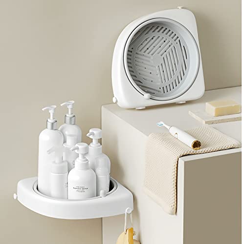 Feilifan Corner Shower Caddy, Plastic 360 Rotating Shower Organizer with Hooks, Bathroom Adhesive Shelf for Shower, Waterproof Shower Shelves for Washroom Toilet Kitchen, Max Hold 15 lbs, White