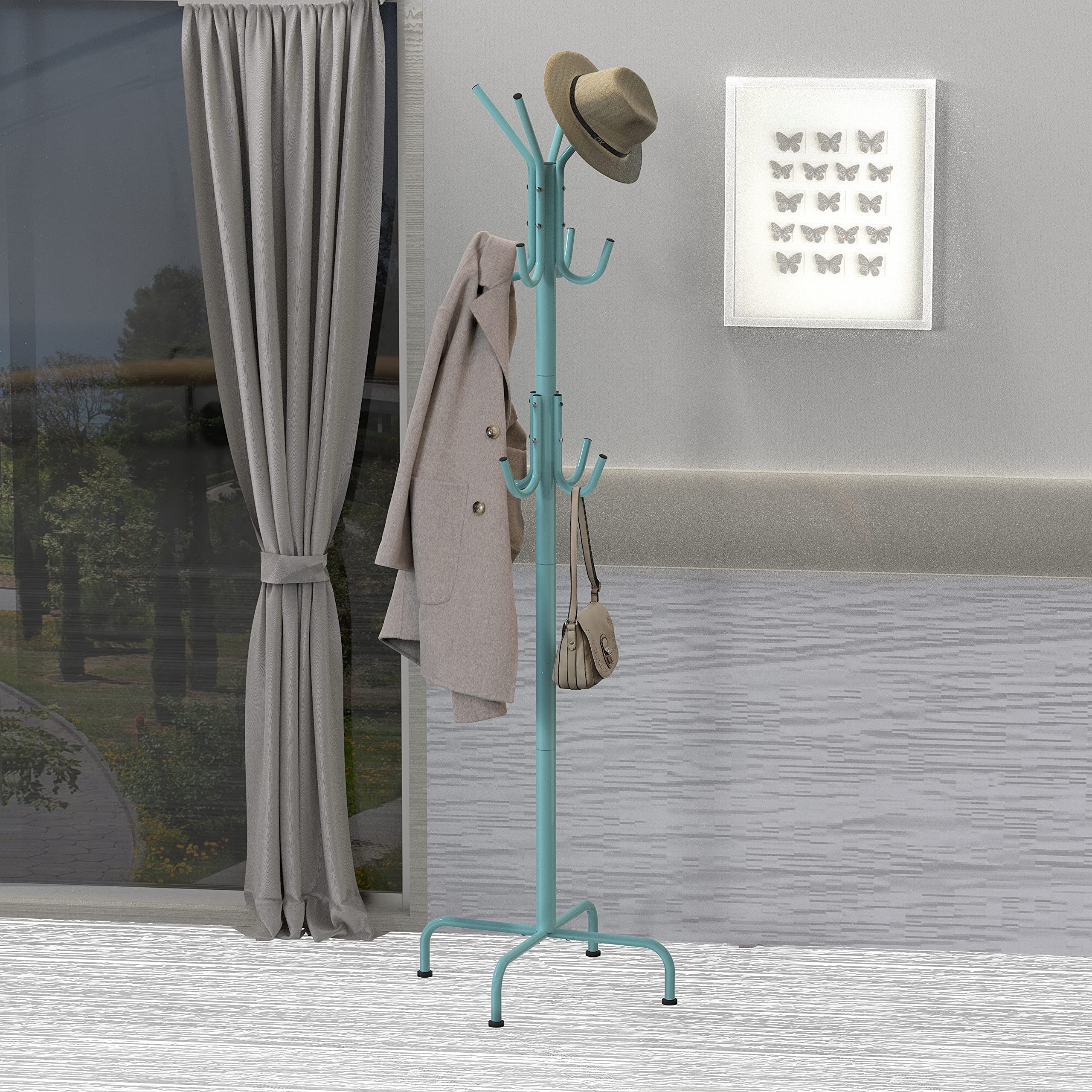 Simple Houseware Standing Coat and Hat Hanger Organizer Rack, 12 Hooks Turquoise