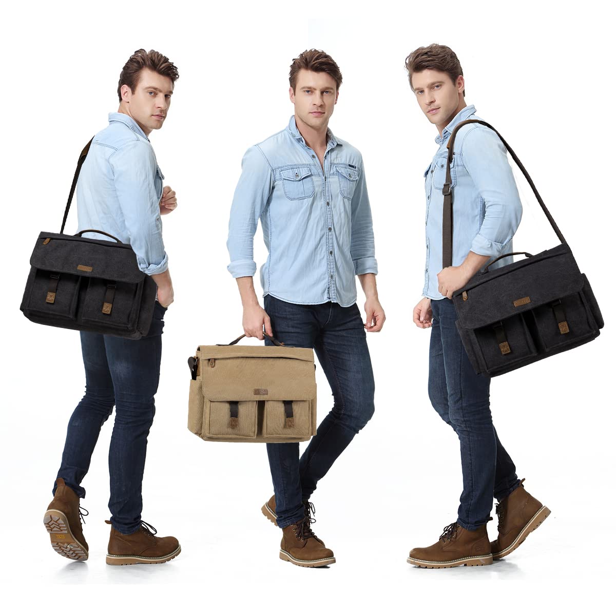 VASCHY 17inch Laptop Messenger Bag, Men's Vintage Water Resistant Canvas Satchel Briefcase Shoulder Bag for Work with Padded Shoulder Strap Gray