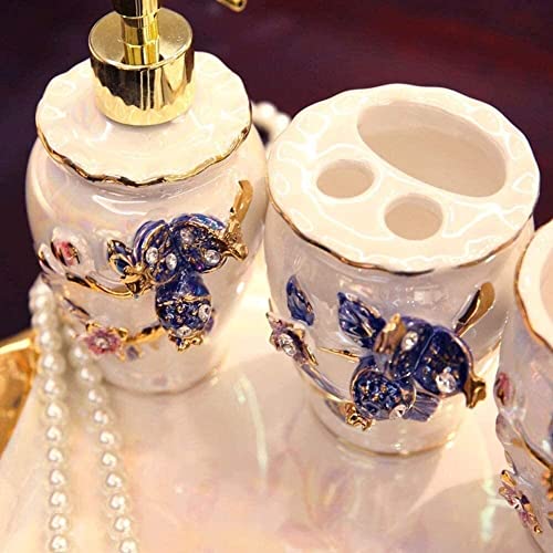 Ceramic Bathroom Five-Piece Set, Three-red Pomegranate Drill Dental Ware, Mouth Cup, Bathroom Washing Set (Color : Blue)