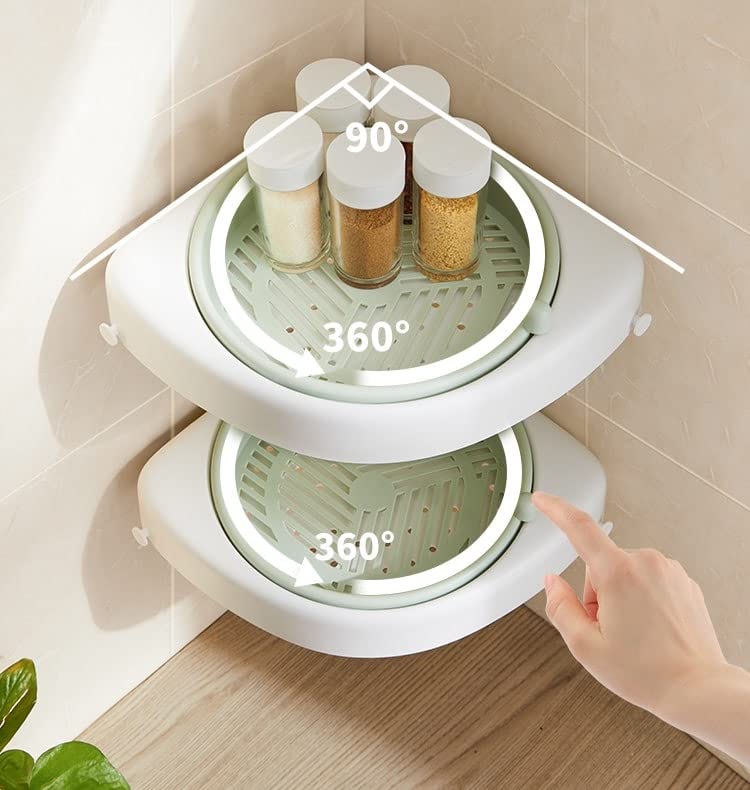 Feilifan Corner Shower Caddy, Plastic 360 Rotating Shower Organizer with Hooks, Bathroom Adhesive Shelf for Shower, Waterproof Shower Shelves for Washroom Toilet Kitchen, Max Hold 15 lbs, White