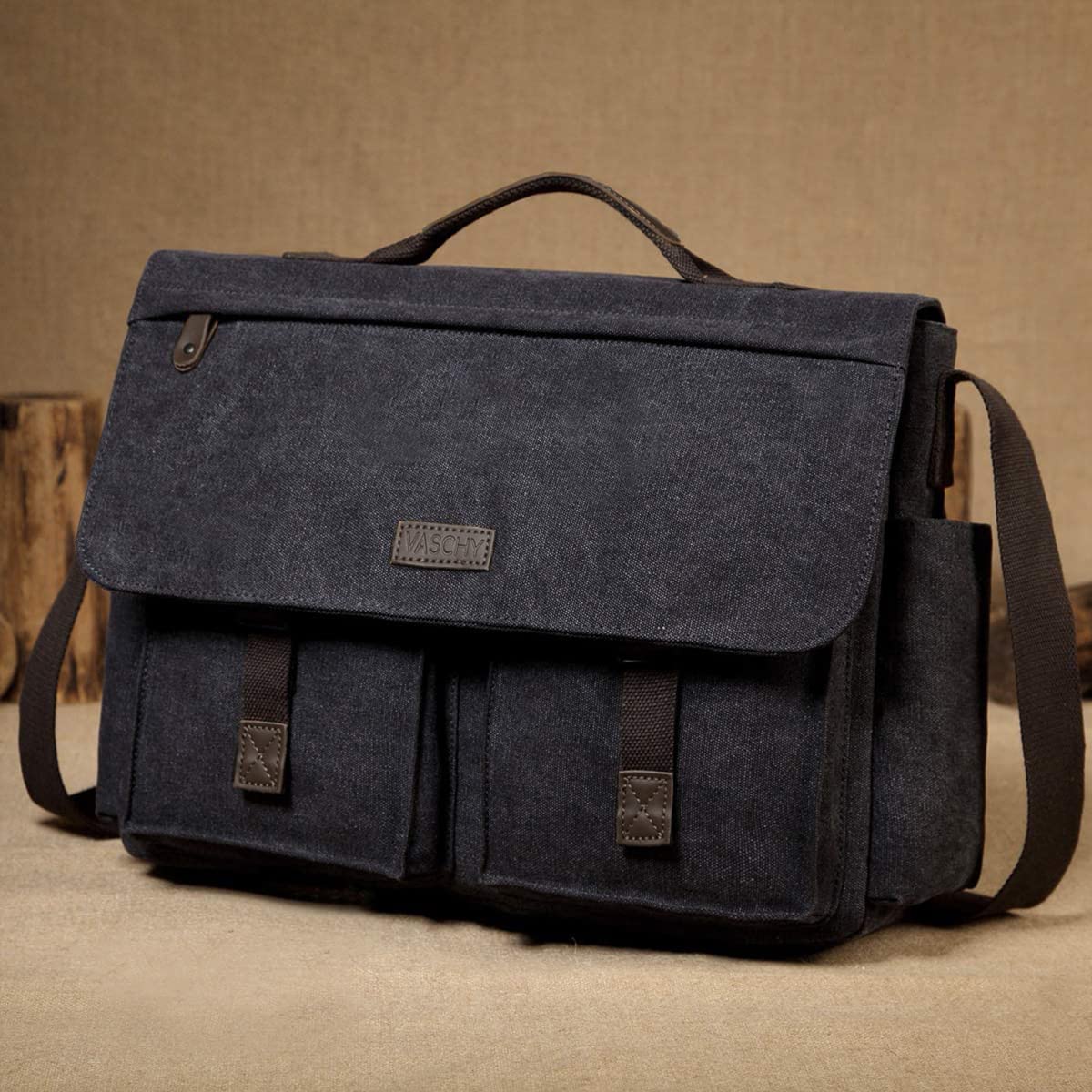 VASCHY 17inch Laptop Messenger Bag, Men's Vintage Water Resistant Canvas Satchel Briefcase Shoulder Bag for Work with Padded Shoulder Strap Gray