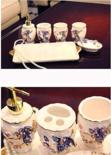 Ceramic Bathroom Five-Piece Set, Three-red Pomegranate Drill Dental Ware, Mouth Cup, Bathroom Washing Set (Color : Blue)