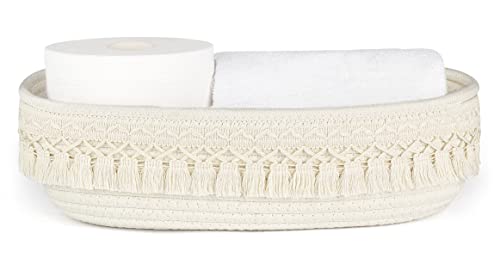 Dahey Woven Basket Macrame Storage Basket for Toilet Tank Top Boho Decor Toilet Paper Basket for Bathroom Organizing, Toilet Tank Tray for Counter Table Bedroom Living Room Nursery, White
