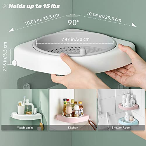 Feilifan Corner Shower Caddy, Plastic 360 Rotating Shower Organizer with Hooks, Bathroom Adhesive Shelf for Shower, Waterproof Shower Shelves for Washroom Toilet Kitchen, Max Hold 15 lbs, White