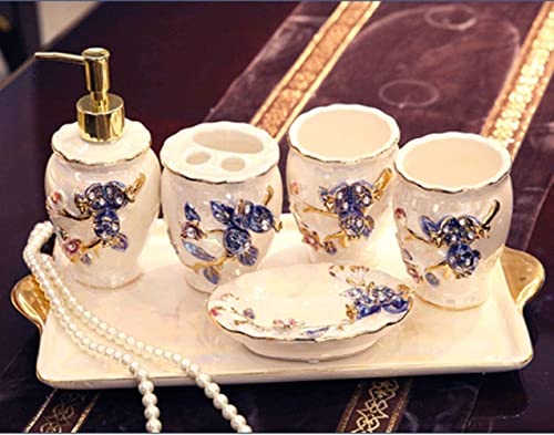 Ceramic Bathroom Five-Piece Set, Three-red Pomegranate Drill Dental Ware, Mouth Cup, Bathroom Washing Set (Color : Blue)
