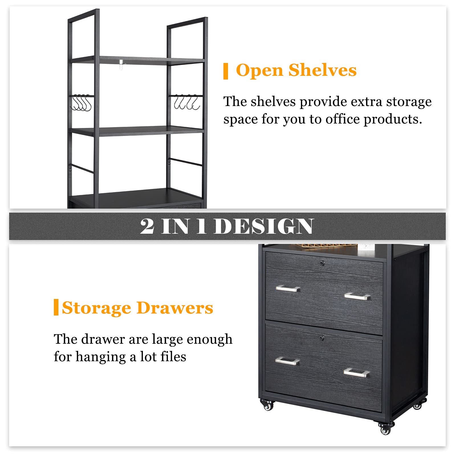VINGLI 65.7" H 2 Drawer File Cabinet with Lock, Freestanding/Rolling File Cabinets for Home Office, Wood Black File Cabinet with Shelves Compatible with Both Letter and Legal Size Folders
