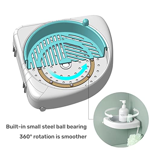 Feilifan Corner Shower Caddy, Plastic 360 Rotating Shower Organizer with Hooks, Bathroom Adhesive Shelf for Shower, Waterproof Shower Shelves for Washroom Toilet Kitchen, Max Hold 15 lbs, White