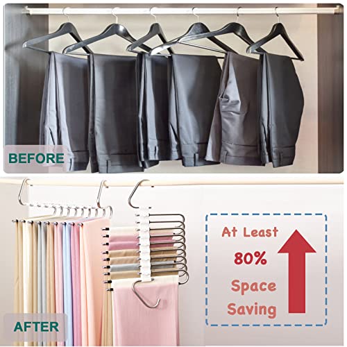 Pants Hangers Space Saving [Upgrade] Collapsible Pants Hangers Multifunctional Pants Rack Hanger for Closet Trousers Scarf Jeans Slack 9 Tier Pants Hanger with 5 Extra Clothes Hangers (1 Pc)