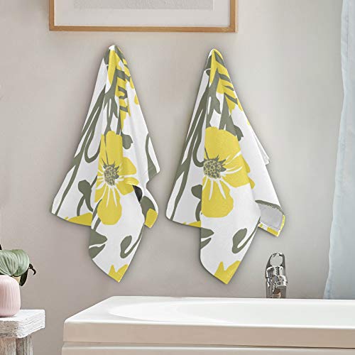 Trendy Novelty Design Yellow Flowers Pattern Printed Hand Towel for Bathroom Set of 2 Absorbent Cotton Face Towel Multipurpose for Hotel Gym Guest Spa Yoga Home Decorative,28x14in