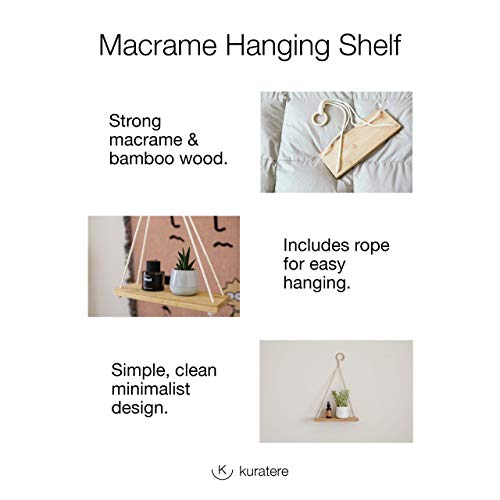 Kuratere Bamboo Hanging Wall Shelf - Indoor BoHo Plant Shelf - Macrame Rope 12 Inch Eco Friendly Wooden Floating Shelves for Organized Bedrooms, Living Rooms, Closets or Bathrooms