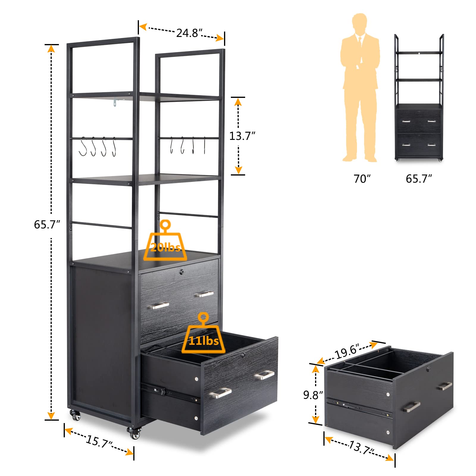 VINGLI 65.7" H 2 Drawer File Cabinet with Lock, Freestanding/Rolling File Cabinets for Home Office, Wood Black File Cabinet with Shelves Compatible with Both Letter and Legal Size Folders