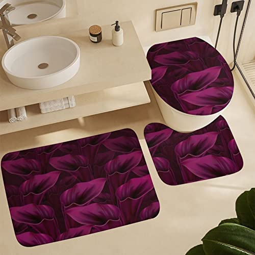 Kazynee Burgundy Flower 4 Piece Shower Curtain Sets, Non-Slip Rugs, Toilet Lid Cover and Bath Mat, Durable and Waterproof, for Bathroom Decor Set One Size