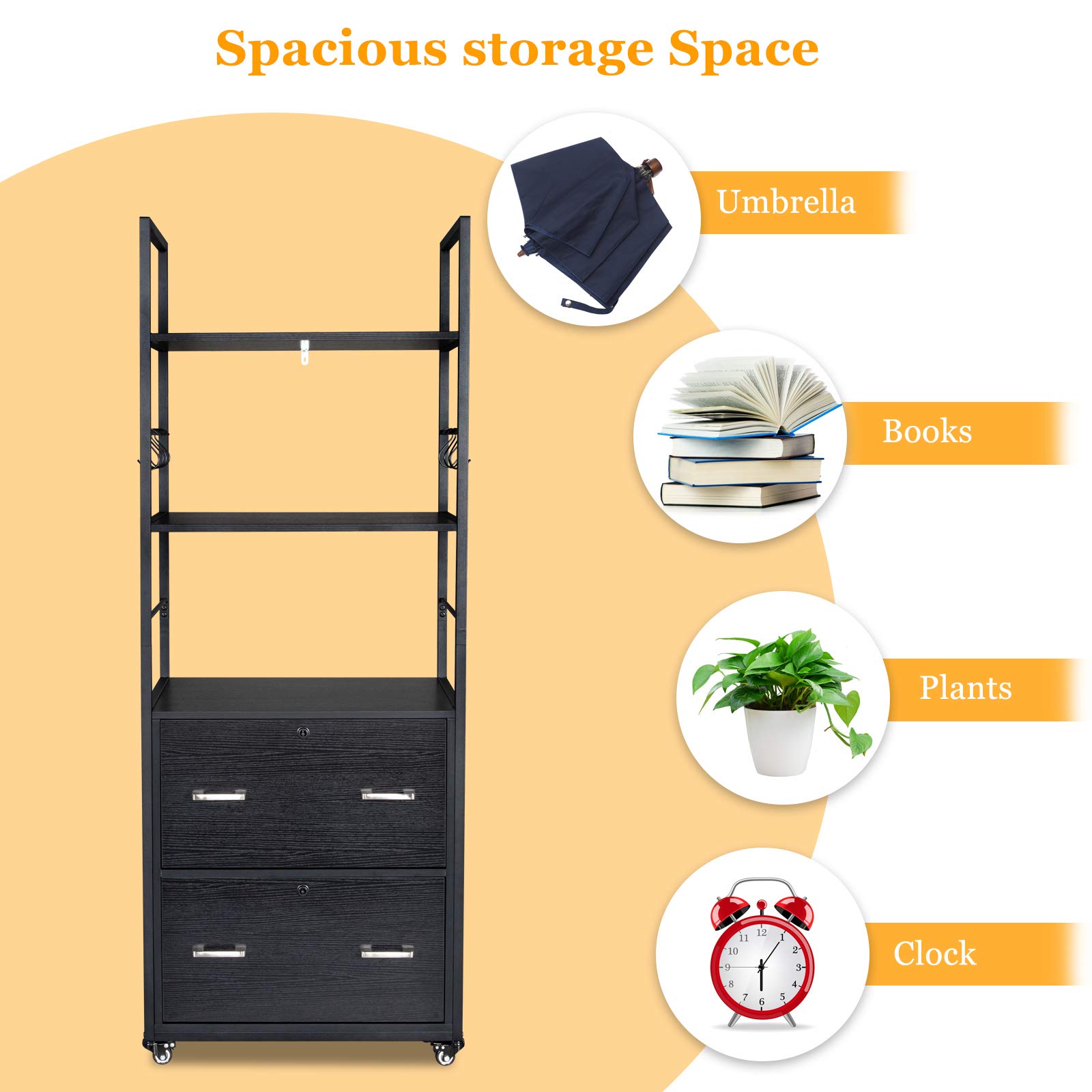 VINGLI 65.7" H 2 Drawer File Cabinet with Lock, Freestanding/Rolling File Cabinets for Home Office, Wood Black File Cabinet with Shelves Compatible with Both Letter and Legal Size Folders