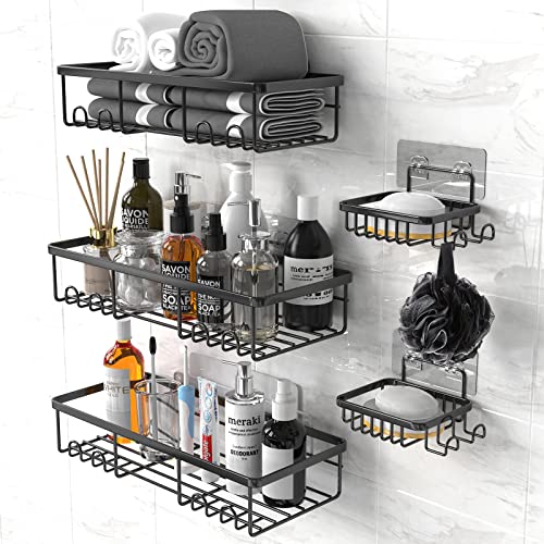DINGXI Shower Caddy, 5 Packs Shower Shelves, Adhesive Shower Organizer No Drilling, with Shower Loofah Balls (1 Pack) with Adhesives or Screws Mounted for Bathroom Toilet & Kitchen (Black)