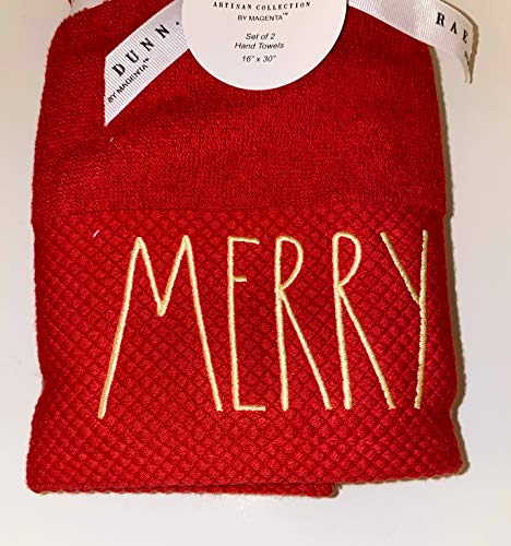 Rae Dunn Set of 2 Embroidered Merry Red Hand Towels for Christmas Bathroom Decor, Christmas Hand Towels, Christmas Decorations