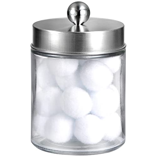 Apothecary Jars Bathroom Vanity Organizer -Countertop Canister Jar with Storage Lid - Qtip Dispenser Holder Glass for Qtips,Cotton Swabs,Makeup Sponges ,Hair Band - Brushed Nickel (1 Pack)