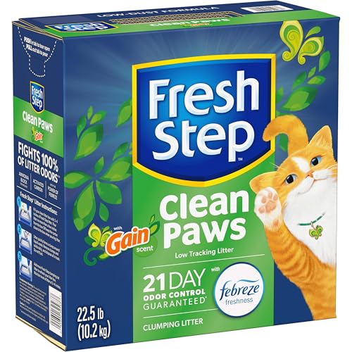 Fresh Step Clean Paws Cat Litter With Febreze Freshness With Febreze Gain Scent, Low-Tracking Clumping Litter With Guaranteed Odor Control, 22.5 lb. Box