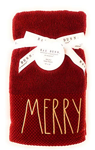 Rae Dunn Set of 2 Embroidered Merry Red Hand Towels for Christmas Bathroom Decor, Christmas Hand Towels, Christmas Decorations