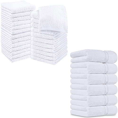 Utopia Towels Premium Bundle - 1 Cotton Washcloths White (12x12 inches),Pack of 24 with 1 White Hand Towels 600 GSM (16 x 28 inches), Pack of 6