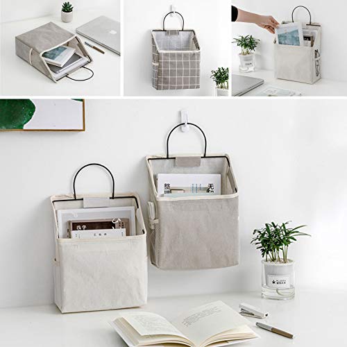 2Pack Wall Hanging Storage Bag - Gray and White, Over The Door Closet Organizer Hanging Pocket Linen Cotton Organizer Box Containers for Bedroom, Bathroom Dormitory Storage (Grid)