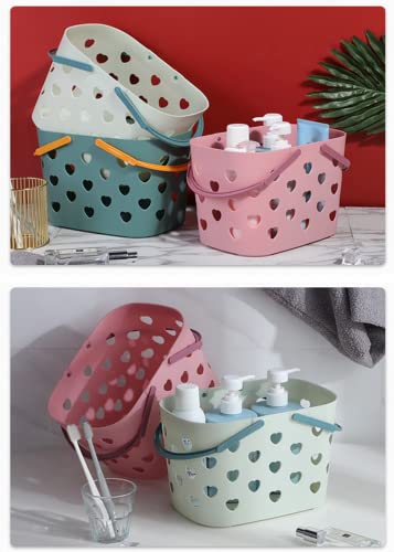 3Pack Portable Shower Caddy Tote Plastic Storage Basket,Heart Shaped Bath Basket Storage Basket with Handle for Bathroom, Pantry, Kitchen, College Dorm