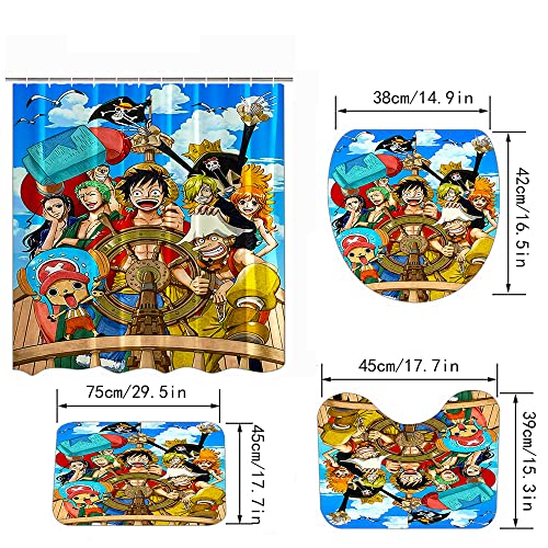 4 Piece Cool Anime Shower Curtain Set with Non-Slip Rug Toilet Lid Cover Bath Mat,Waterproof Shower Curtains Sets for Bathroom With12 Hooks 72x72 inches, 23