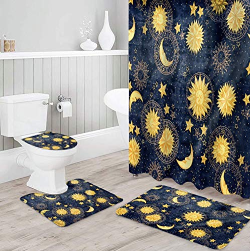 4 Piece Shower Curtain Sets with Bath Rugs Night Vintage Moon Sun Star,Non-Slip Floor Mat, Toilet Lid Covers, U-Shape Contoured Pad Yellow Celestial Fabric Midnight Bathroom Set for Home Decor