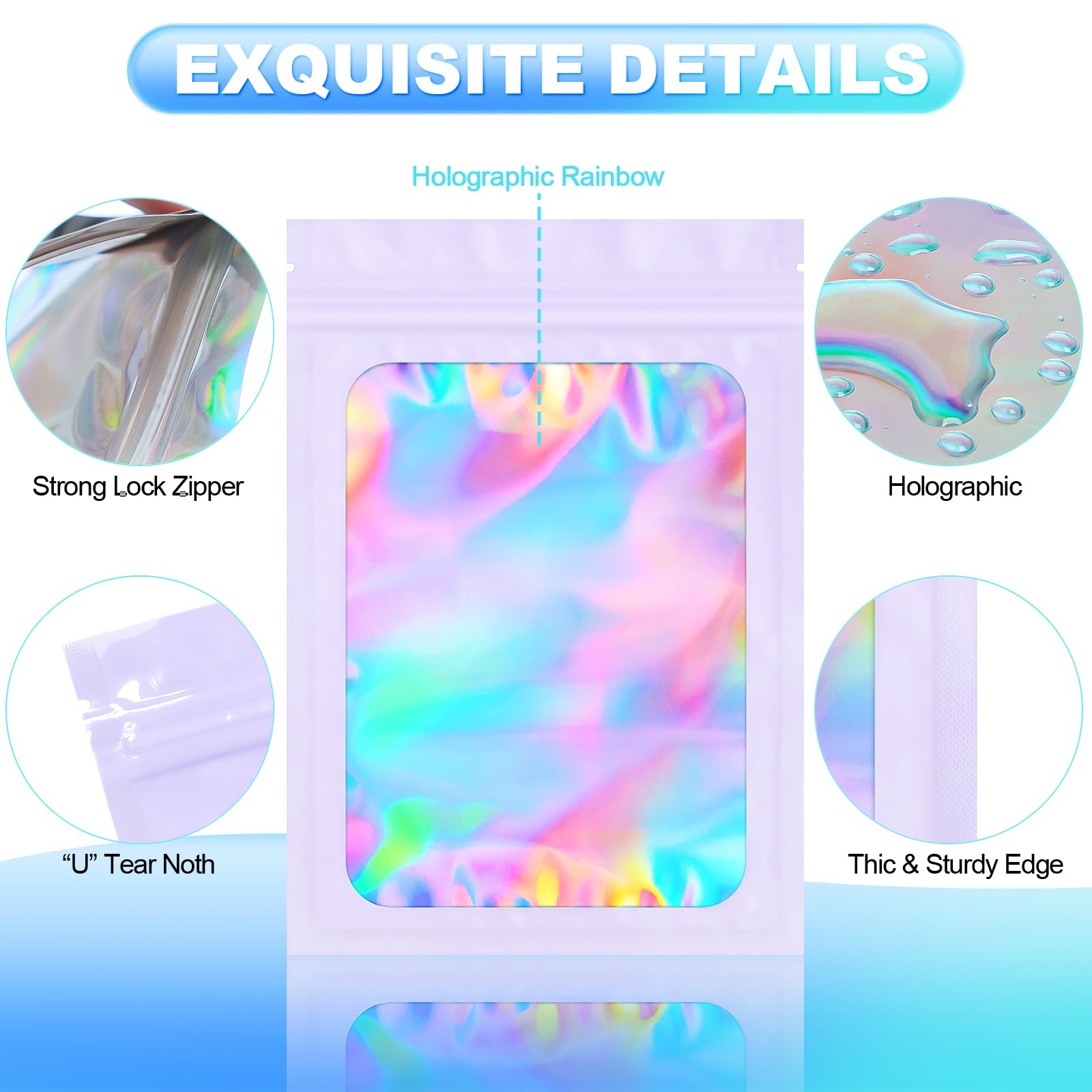 100 Pieces Smell Proof Mylar Bags- Resealable Holographic Packaging Pouch Bag with Clear Window for Food Storage Eyelash Jewelry Electronics Storage (Purple, 4 x 6 Inch)