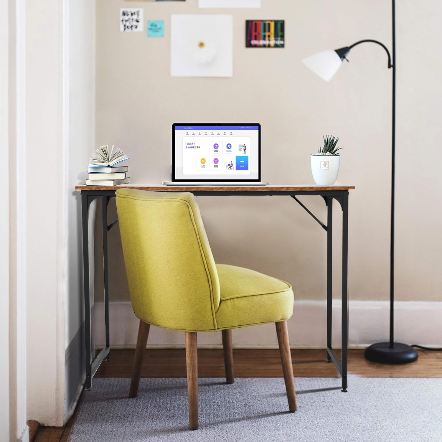 39 Inch Computer Desk, Office Desk Gaming Desk with Metal Frame, Writing Workstation for Home Office, Space Saving Computer Table for Small Space (Brown) 39x19.6x29