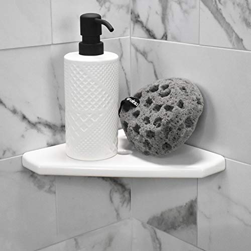 Questech Décor 8 Inch Corner Shower Shelf and 5 Inch Shower Caddy Soap Dish, Geo Flatback Wall Mounted Bathroom Shower Organizer, Bright White Polished
