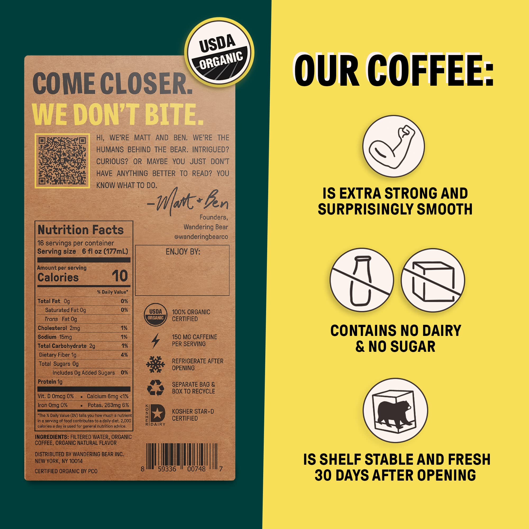 Wandering Bear Organic Caramel Cold Brew Coffee On Tap, 96 fl oz - Extra Strong, Smooth, Unsweetened, Shelf-Stable, and Ready to Drink Iced Coffee, Cold Brewed Coffee, Cold Coffee