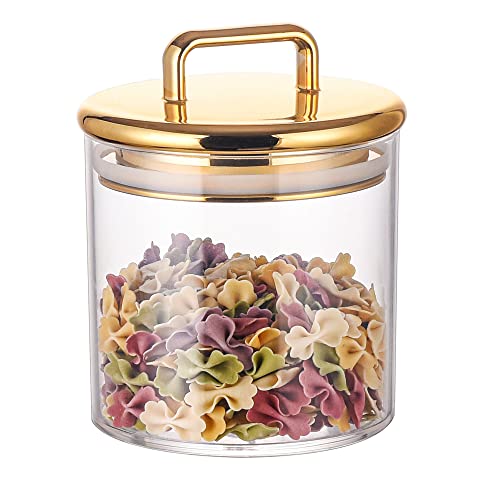 16 oz Small Acrylic Storage Apothecary Jar with Gold Airtight Lid | Bathroom Vanity Organizer Containers | Perfect Decorative Canisters for Shells, Bath Salt, Cotton Swabs, Cotton Ball, Flossers