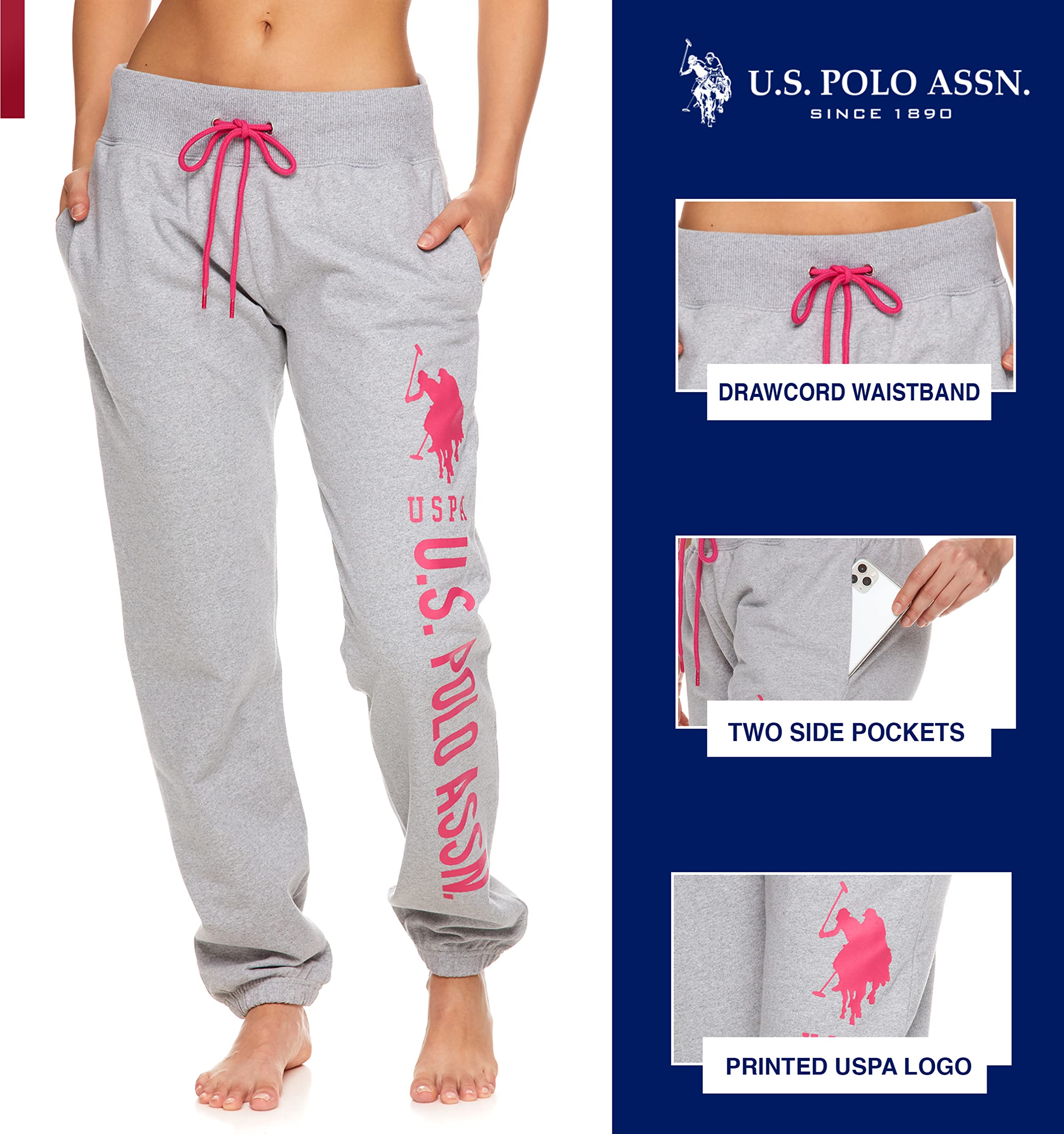 U.S. Polo Assn. Essentials Grey Sweatpants for Women, Comfy French Terry Womens Joggers with Pockets (Heather Grey, Medium)