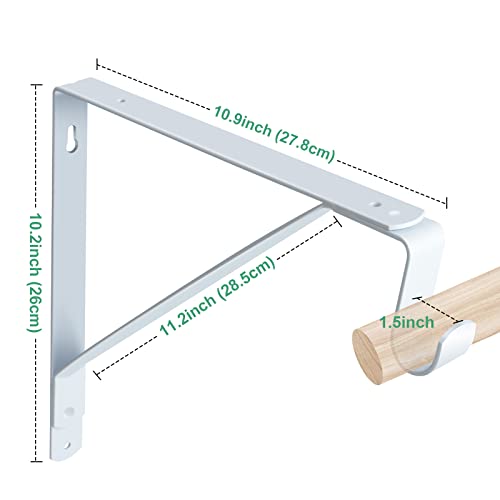 Closet Rod Bracket, 3 Pack Heavy Duty Closet Rod Support 11×10.2×1 Inch, White Closet Shelf & Rod Brackets Holder, Wall Mounted Shelf Rod Hangers Hooks with Screw