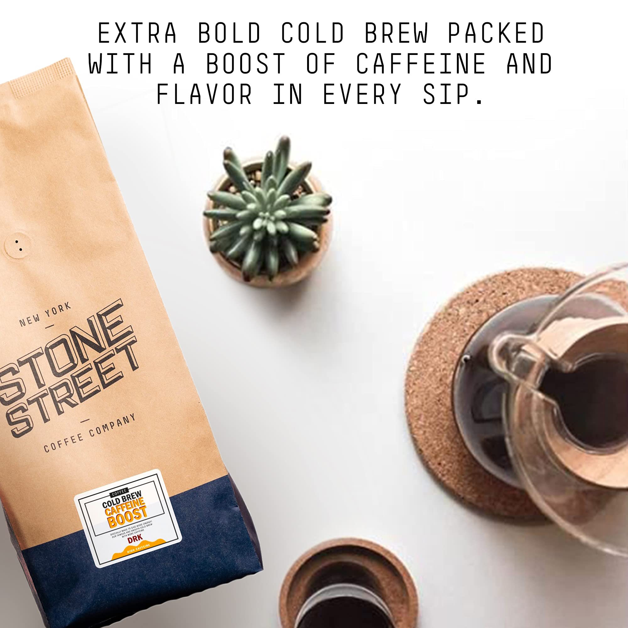 Stone Street Cold Brew Coffee, High Caffeine ‘Boost Blend’, Coarse Ground Coffee, Dark Roast, 2 LB