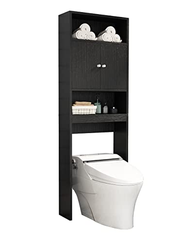 Hcman Over The Toilet Storage Cabinet - 77" H Over Toilet Bathroom Cabinet Organizer with Open Shelves and Double Doors, Black
