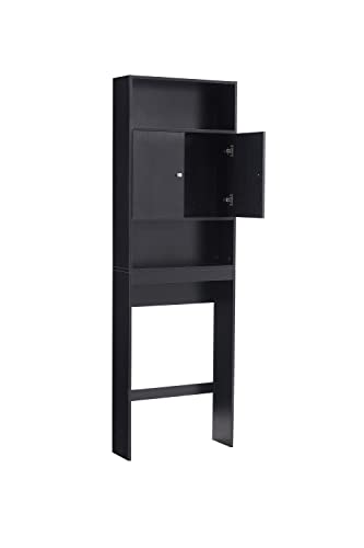 Hcman Over The Toilet Storage Cabinet - 77" H Over Toilet Bathroom Cabinet Organizer with Open Shelves and Double Doors, Black