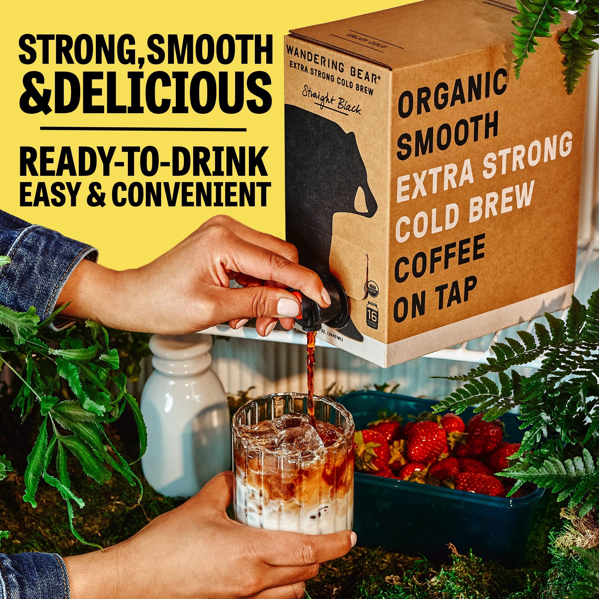 Wandering Bear Organic Caramel Cold Brew Coffee On Tap, 96 fl oz - Extra Strong, Smooth, Unsweetened, Shelf-Stable, and Ready to Drink Iced Coffee, Cold Brewed Coffee, Cold Coffee