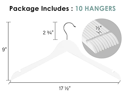StorageWorks White Wooden Hangers, 10 Pack Slim Natural Wood Hangers, Premium Solid Wood Clothes Hanger for Tank Top, T-Shirt, Strap Dress