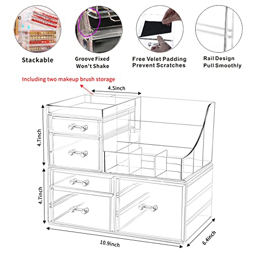 PENGKE Clear Makeup Organizer With Drawers,Stackable Cosmetic Storage Display Case for Vanity, Bathroom Counter or Dresser,Countertop Holder for Lipstick,Brushes,Eyeshadow,Nail Polish and Jewelry