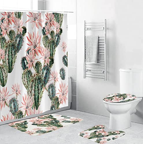 WEEGEEKS Bathroom Rugs Sets 3 Piece with Toilet Cover, Bath Mats for Bathroom Non Slip, U-Shaped Contour Toilet Mat, Bathroom Decor Sets, Machine Washable Bath Rugs (Cactus)