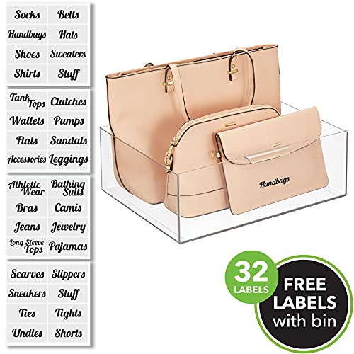 mDesign Plastic Closet Storage Organizer Bin Container with 32 Labels - Organizer for Drawers, Shelves, Bedroom, and Hallway Storage - 16" Long - Clear