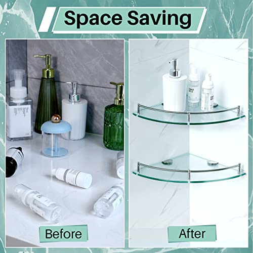 Corner Shower Shelf 2-Tier Glass Corner Shelf Stainless Steel Wall Mounted Corner Bathroom Organizer for Storing Bottle Shower Gel Shampoo Brush, Silver, 9.25 Inches（2Pcs）