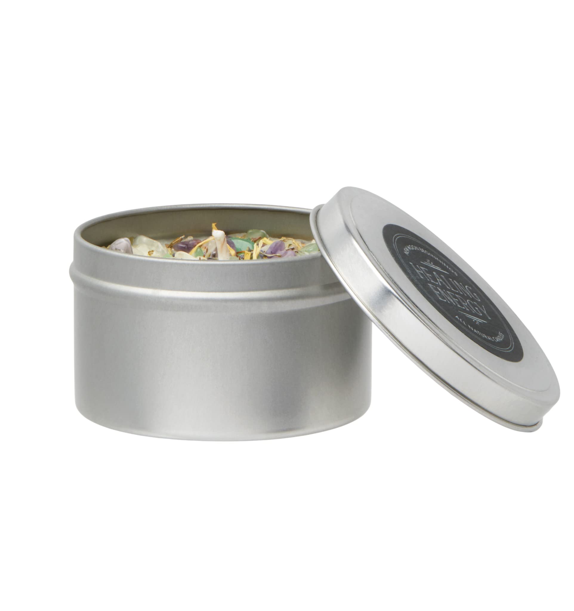 Healing Energy Candle by New Moon Beginnings - Negative Energy Cleansing - Soy Aromatherapy Candle - Handmade Candle with Crystals & Herbs - Energy Healing Candle - 8oz Tin