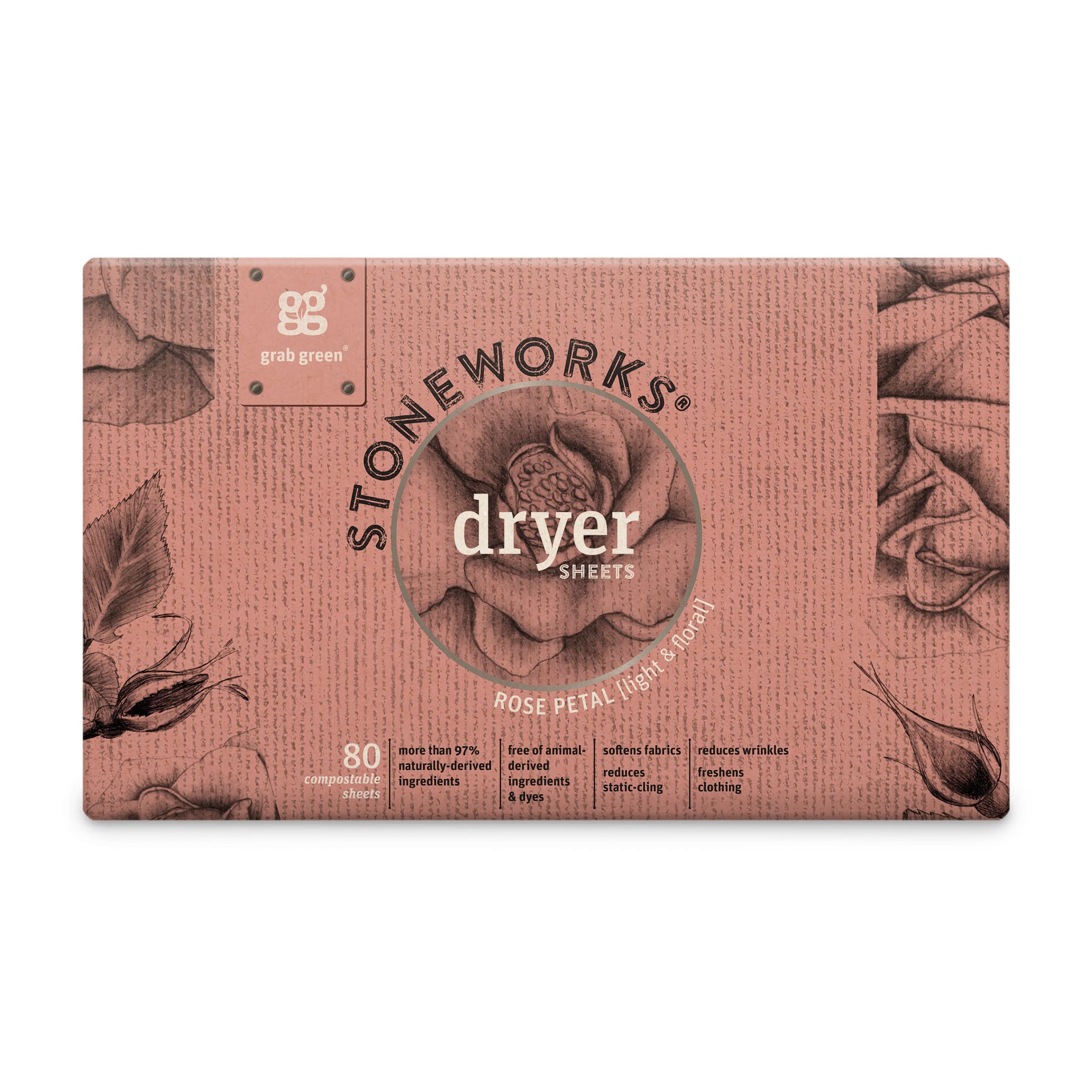 Grab Green Stoneworks Laundry Detergent Pods and Dryer Sheet Bundle (Rose Petal, 80 Count (Pack of 1)