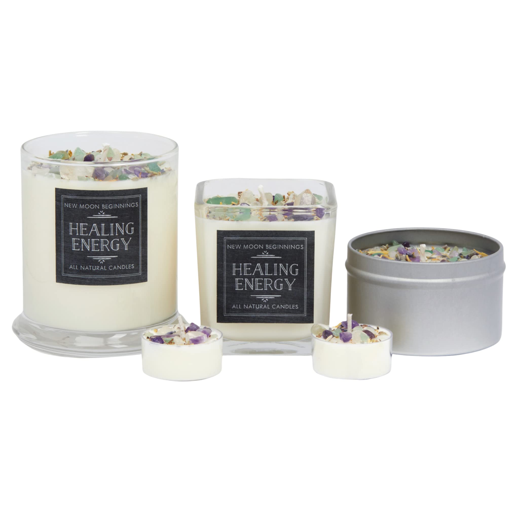 Healing Energy Candle by New Moon Beginnings - Negative Energy Cleansing - Soy Aromatherapy Candle - Handmade Candle with Crystals & Herbs - Energy Healing Candle - 8oz Tin