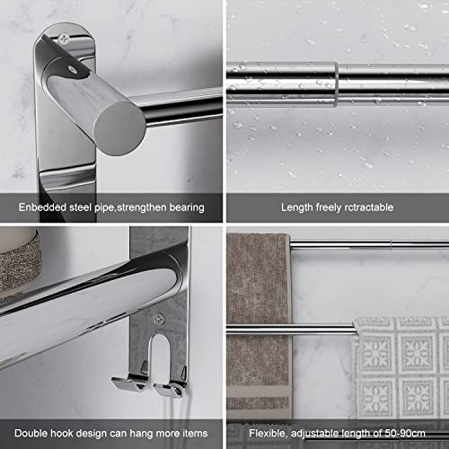 Mlesi Towel Bars Freely Retractable 17-31 Inches Bathroom Towel Rack with Hooks,SUS304 Stainless Steel 3-Tiers Towel Rails Wall Mounted No Drill Sdjustable,Bathroom Towels Shelves Rack with Adhesives